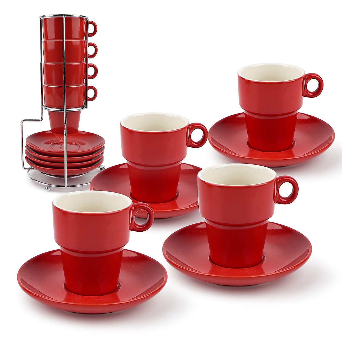 Emma's Porcelain Espresso Cups with Saucers, Ceramic Demitasse Cups with Metal Stand- 3.3OZ/95MLStackable Espresso Mugs, for Specialty Coffee Drinks, Cappuccino and Tea - Set of 4 (Red)