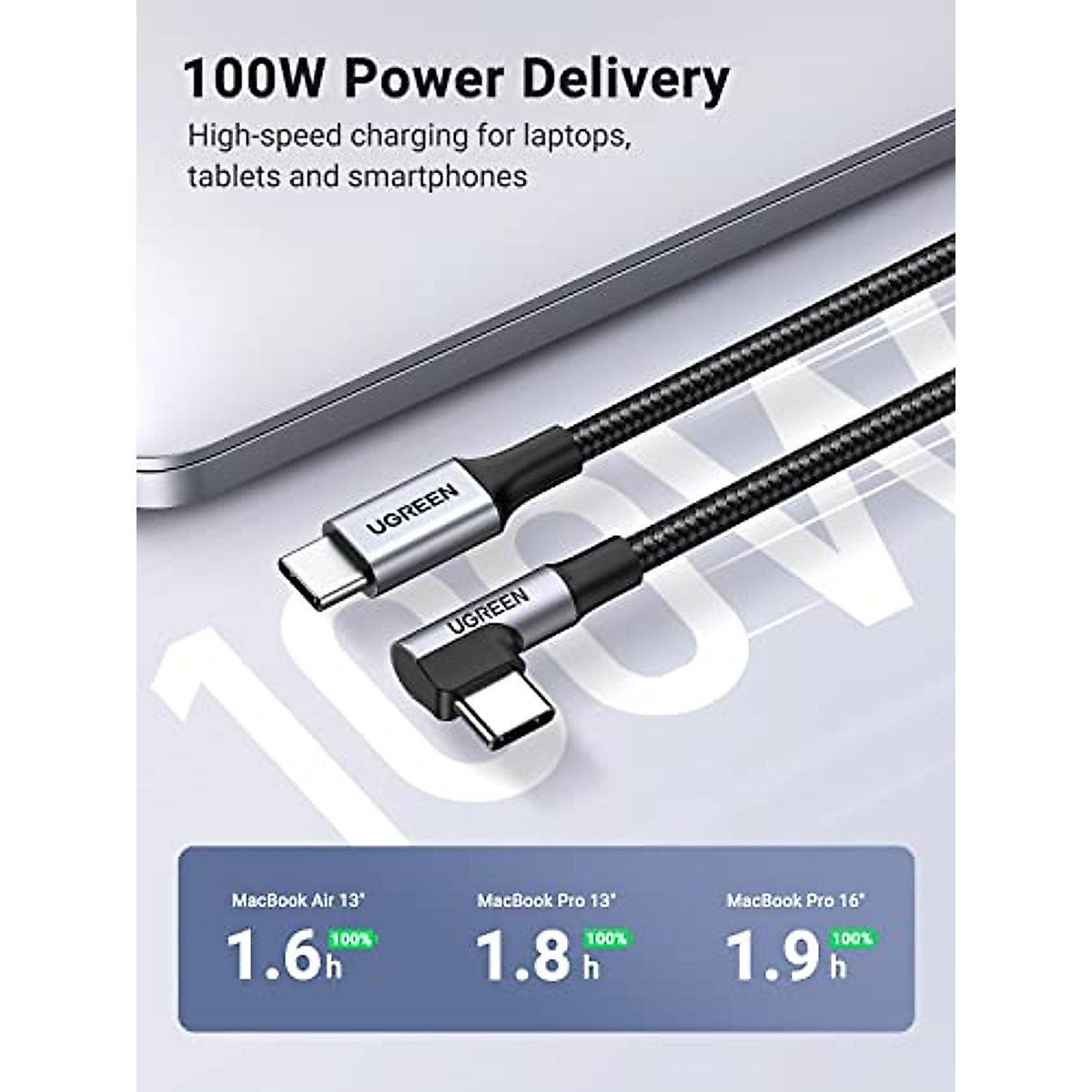 UGREEN 100W USB C Cable 90 Degree Type C Charging Cable Compatible with MacBook Pro 2022, iPad Pro 2022, Elitebook, Dell XPS, Samsung Galaxy S23/S22/Z Fold, Pixel, PS5, Switch, etc. 10FT