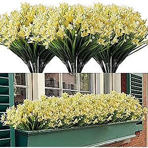 Succinct 8PCS Bundles Artificial Daffodils Flowers, Artificial Greenery UV Resistant No Fade Faux Silk Cloth Plants for Wedding Bridle Bouquet Outdoor Home Garden Kitchen Office Table Vase (Yellow)
