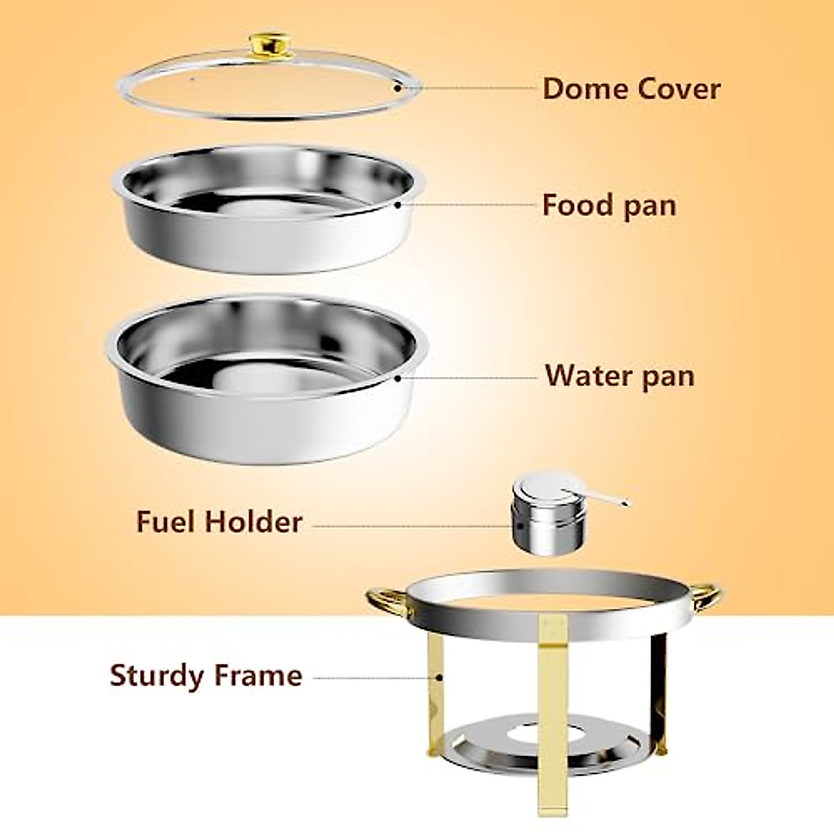 Halamine Chafing Dish Buffet Set, Round Chafers and Buffet Warmers Sets 4 Pack, 5Qt Stainless Steel Chafing Dishes for Buffet with Glass Lid, Food Warming Tray for Party, Dinners and Catering