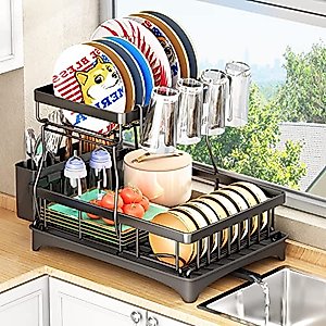 HERJOY Dish Drying Rack, Detachable 2 Tier Dish Rack and Drainboard Set, Large Capacity Dish Drainer Organizer Shelf with Utensil Holder, Cup Rack for Kitchen Counter, Black