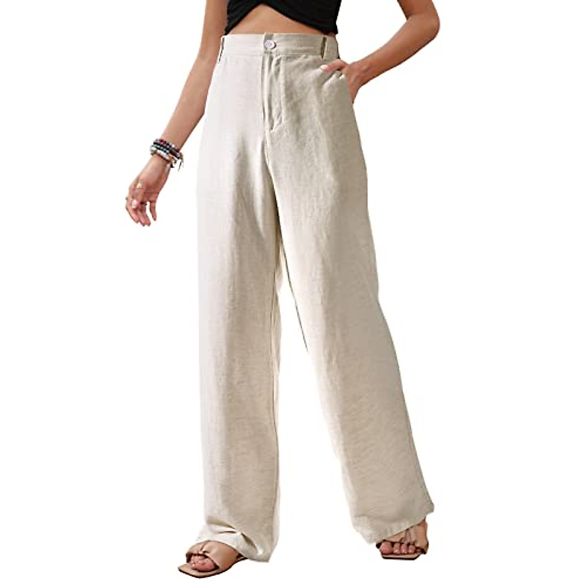 HEEKPEK Linen Pants for Women High Waisted Trousers Straight Wide Leg Flowy Pant Casual Button Up Summer Beach Pants Beige