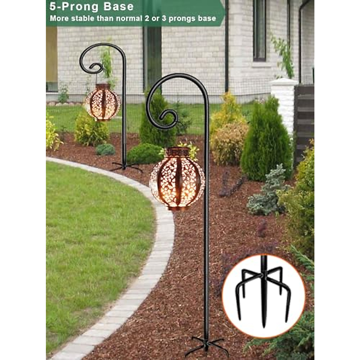 Koutemie 60 Inch Outdoor Shepherd Hook for Hanging Plant, Adjustable Heavy Duty Bird Feeder Pole with 5 Prong Base for Solar Lanterns, Black & 2 Packs
