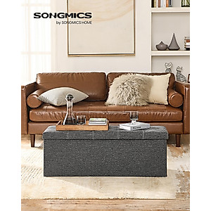 SONGMICS Ottoman Storage Bench, 35 Gal. Folding Chest with Breathable Linen-Look Fabric, Holds 660 lb, for Entryway, Living Room, Bedroom, Dark Gray ULSF077G04