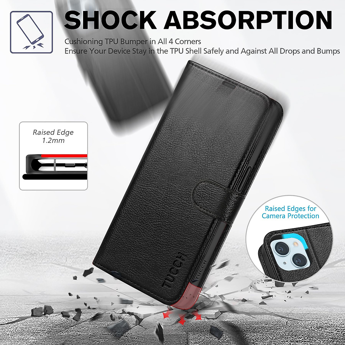 TUCCH Case for iPhone 15 Wallet Case, Kickstand [RFID Blocking] 4 Card Slots Protective TPU Interior Case, PU Leather Magnetic Shockproof Flip Cover Compatible with iPhone 15 6.1" 2023, Textured Black