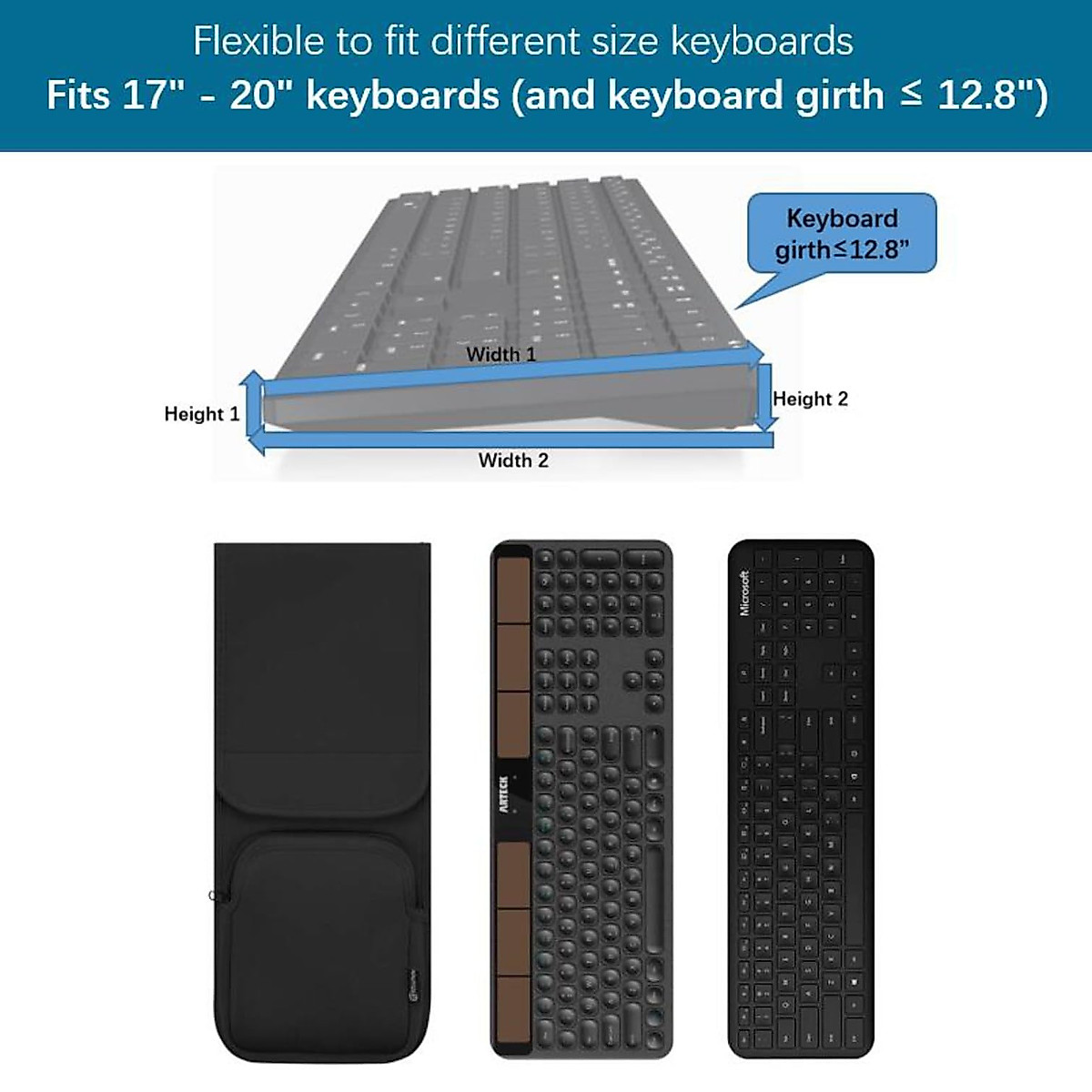 Case Star Keyboard Sleeve Travel Storage Pouch for Wireless Large Size Mechanical and Gaming Keyboards Arteck Microsoft (Up to 20 Inch) - Adjustable Height Neoprene Keyboard Bag Case (Black-Large)