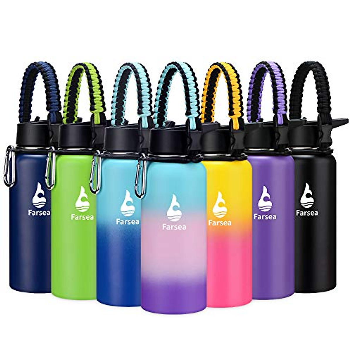Farsea Insulated Water Bottle with Straw Lid & Spout Lid & Paracord Handle, Stainless Steel Water Bottle Wide Mouth, Double Wall Sweat-Proof BPA-Free, 32 oz, Gradient Mint + Pink + Purple