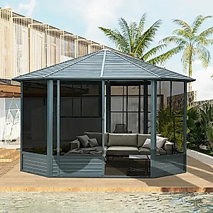 Domi 13x13FT Sunroom, Octagonal Solarium Aluminum Hardtop Gazebo with Galvanized Steel Roof, Detachable PE Screen, Sliding Door, Sun Room Pavilion Gazebo for Deck Backyard Garden