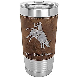 LaserGram 20oz Vacuum Insulated Tumbler Mug, Bull Rider Cowgirl, Personalized Engraving Included (Faux Leather, Rustic)