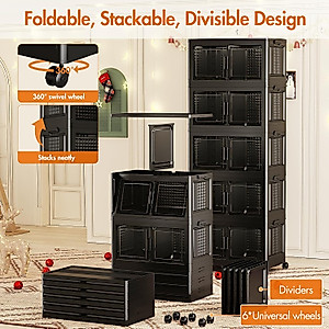 QAVABIN 160Gal/640Qt Large Storage Bins with Lid/Wheels/Doors/Dividers - 4 Tier Foldable Stackable Plastic Drawers, Extra Large Collapsible Cabinets Containers, Closet Organizers, Garage Totes, Black