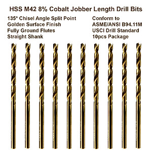 MAXTOOL 9/64" 10pcs Identical Jobber Length Drills HSS M42 Twist Drill Bits 8% Cobalt Fully Ground Golden Straight Shank Drills; JBF42G10R09P10