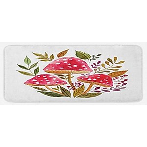 Ambesonne Nature Kitchen Mat, Aquarelle Amantias with Autumn Season Foliage and Berries Mushroom Illustration, Plush Decorative Kitchen Mat with Non Slip Backing, 47" X 19", Green Pink