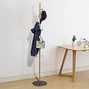 FLRH Coat Rack Tree, 66" Modern Metal Hall Coat Tree With 7 Hooks for Coats, Free Standing Metal Coat Rack and Hat Hanger Organizer Rack, with Weighted Stable Marble Base (Gold)