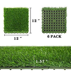 CJNLON 12"x12" Artificial Grass Tiles, 6 Packs Self-draining Fake Grass Turf Tiles Set for Flooring Decor, Dog Pads Indoor Outdoor 1.57'' in Pile Height