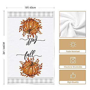Artoid Mode Orange Buffalo Plaid Leaves Pumpkin Fall Kitchen Towels Dish Towels, 18x26 Inch Farmhouse Decoration Hand Towels Set of 2