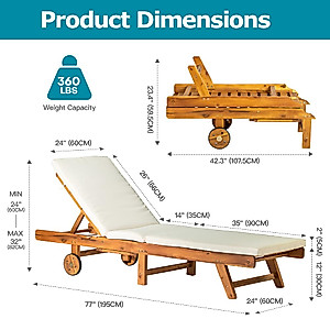 Panana Acacia Wood Chaise Lounge Patio Outdoor Folding Lounge Chair Recliner Portable Sun Lounger with Adjustable Backrest, Wheels, Cushion for Garden Poolside Deck