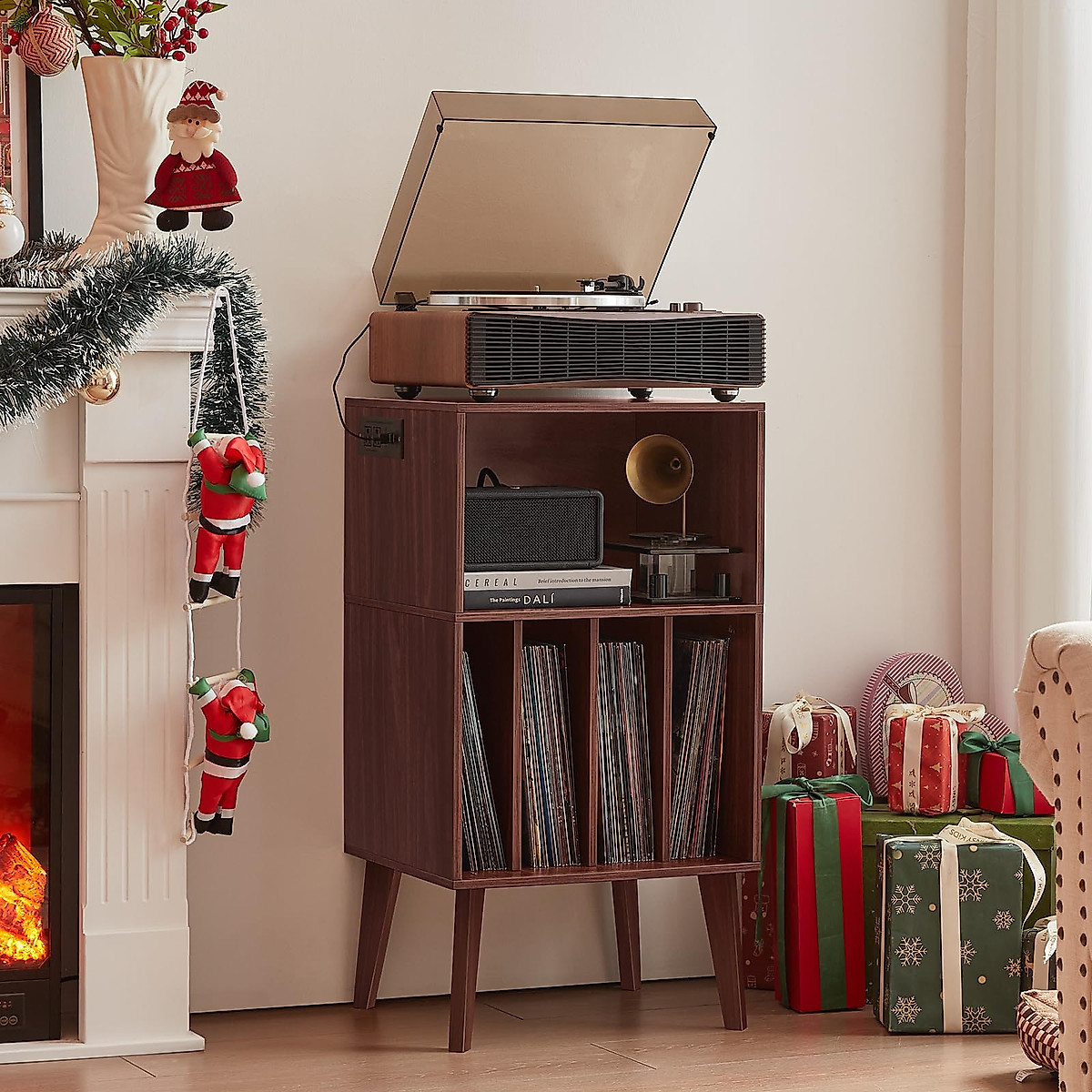 Lerliuo Record Player Stand, Walnut Turntable Stand Holds up to 160 Albums, Mid-Century Vinyl Storage Cabinet Table with Solid Wood Legs, Record Player Holder Dispaly Shelf for Bedroom Living Room