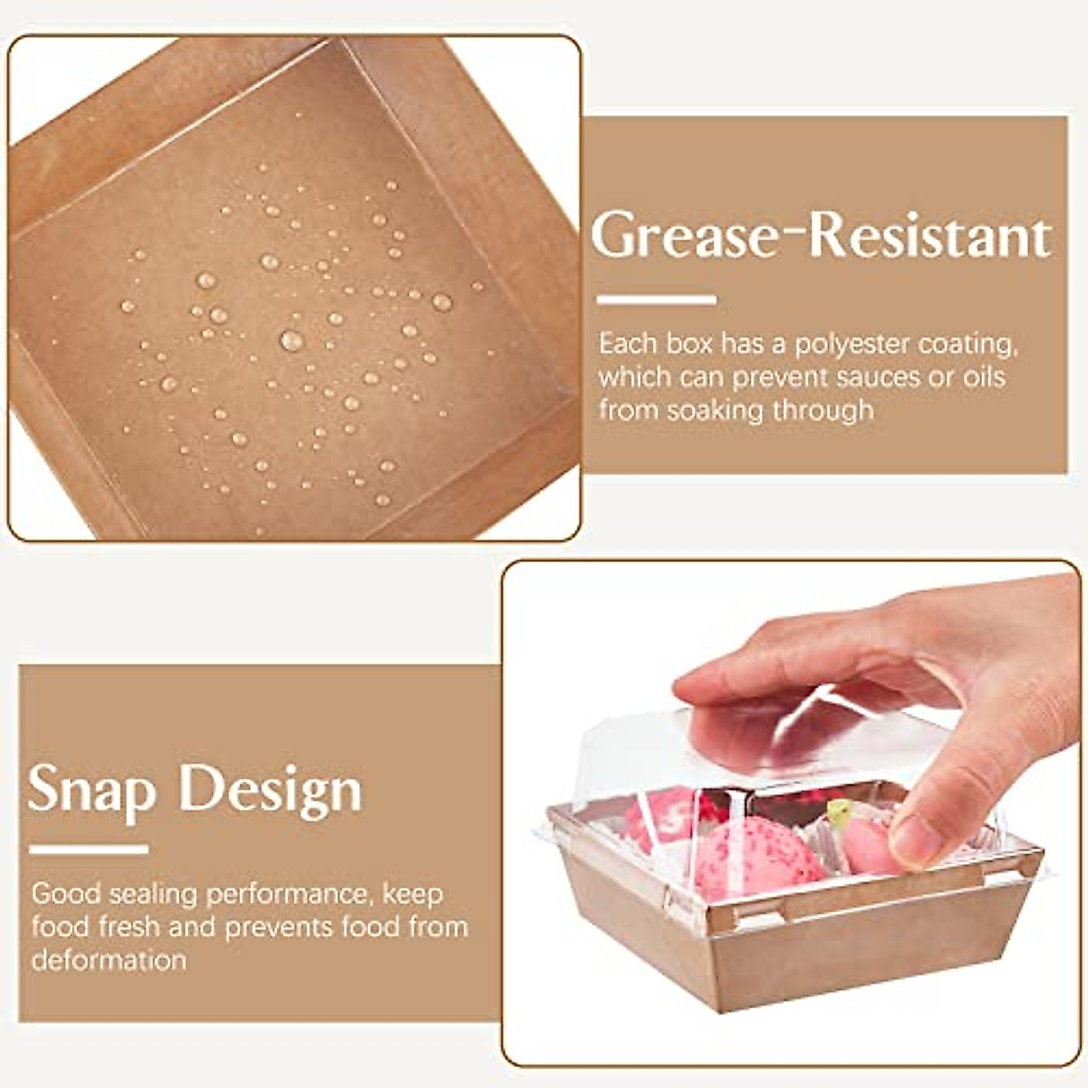ZORRITA 50 Pack Paper Charcuterie Boxes with Clear Lids, 4 Inches Disposable Sandwich Boxes Square To Go Food Containers for Desserts, Strawberries, Cake Slice and Cookies (Brown)