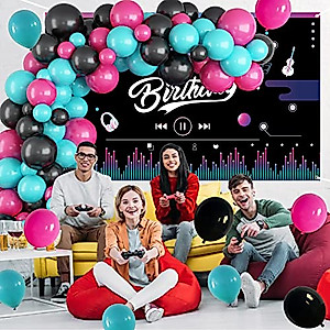 Music Happy Birthday Party Decorations Hot Pink Black Peacock Blue Balloons Garland Arch Kit with Musical Backdrop Social Media Banner for Birthday Party Supplies Photography