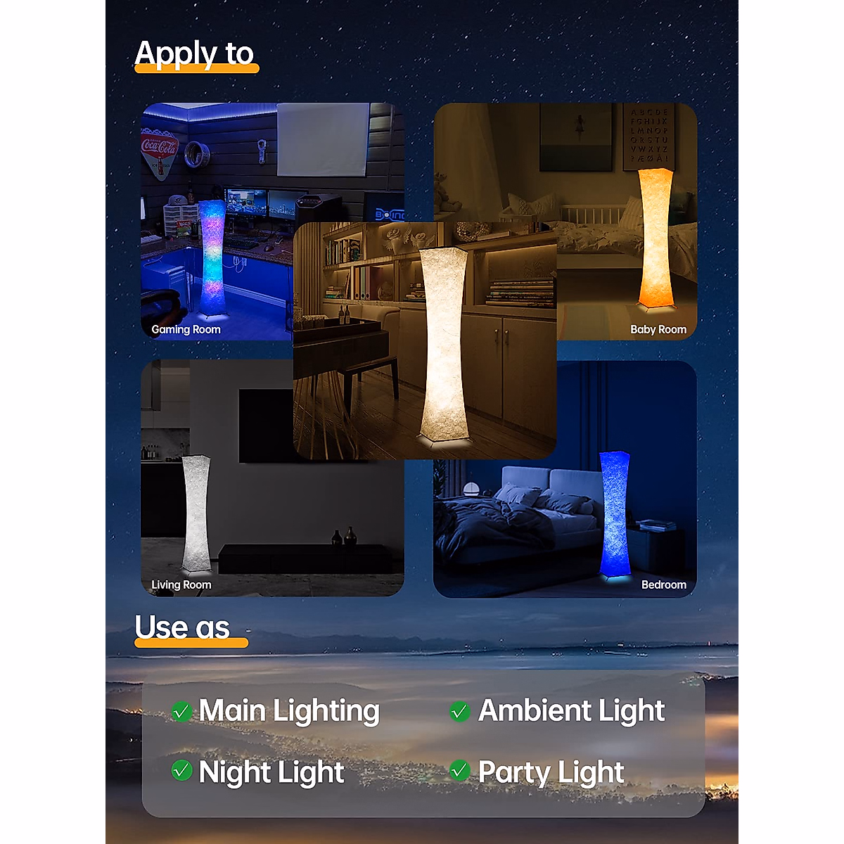 UVII RGB Floor Lamp with Remote, 62" Color Changing LED Lamp Remote Control, Dimmable Standing Lamp for Living Room, Bedroom, Gaming Room, Modern Soft Light