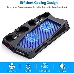 Vertical Stand with Cooling Fan for Playstation 5 and PS5 Digital Edition, Dual Controller Charging Station Horizontal Organizer with 3 USB Hub for DualSense 5…