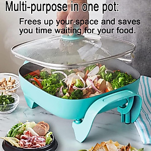 Electric Skillet Ceramic Nonstick 5QT - 12" Square with Glass Lid, Adjustable Temperature Control, Dishwasher Safe, Turquoise, Nozaya