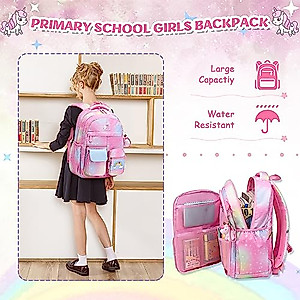 PIG PIG GIRL Girls Backpack, Functional Pockets Kids Backpack Kawaii Lightweight School Backpack Watrer Resistant Book Bag with Unicorn Pendant for Primary Elementary School,Pink