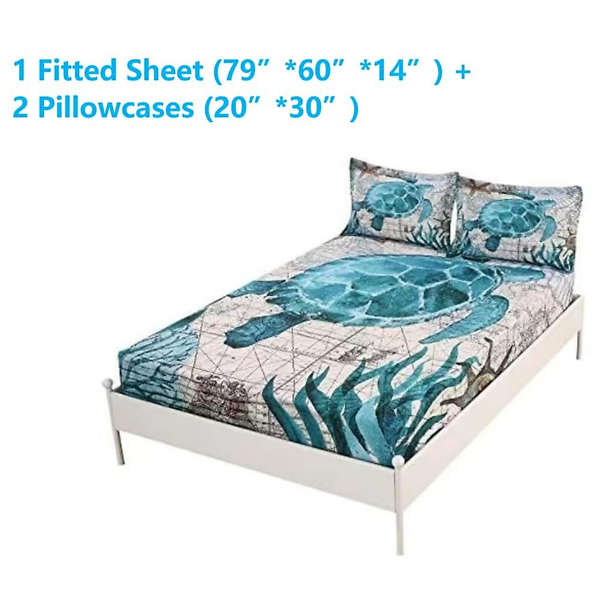SDIII 3PCS Sea Turtle Queen Sheet Set, 100% Microfiber, 1 Fitted Sheet + 2 Pillowcase, Hawaiian Bedding Sheet Queen, Cute Sheets Queen for Girls Boys Women and Men