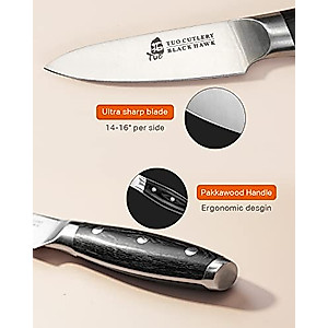 TUO Paring Knife 3.5 inch Fruit Peeling Knife Ultra Sharp Kitchen Chef Knife - German HC Steel Full Tang Pakkawood Handle - BLACK HAWK SERIES with Gift Box
