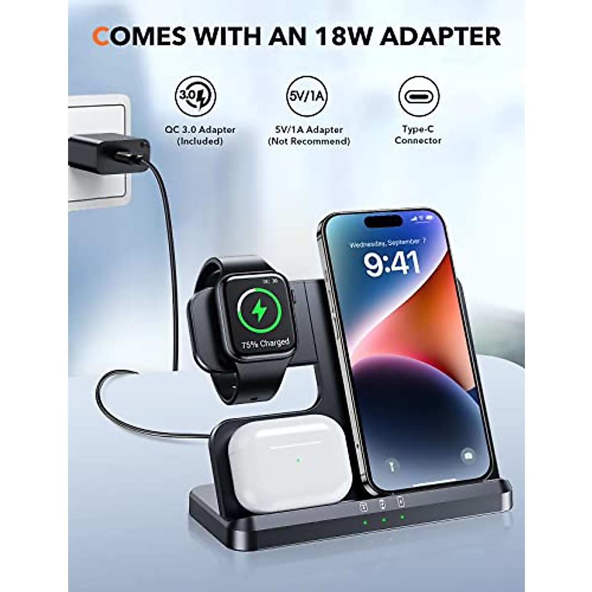 LK Wireless Charging Station 3 in 1 Wireless Charger Stand Docking Station Compatible for iPhone 14/13/12/11 Pro Max/XR/XS/8, AirPods Pro/3/2, Apple Watch Ultra/8/SE/7/6/5/4