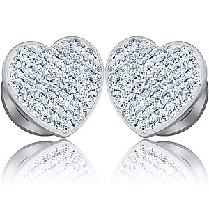 LADEMAYH 2 PCS Heart With Rhinestones Ear Plugs Tunnels Gauges for Women - Silver Stainless Steel 316L Body Piercing Basic Earrings for Stretched Earlobe 16mm=5/8"