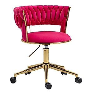 Allnifurv Home Office Chair with Hand Woven, Velvet Upholstered Desk Chair with Open Back, 360° Swivel & Height Adjustable Task Chair, Ergonomic Office Chair with Gold Base (Rose Red)