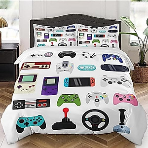 Duvet Cover Twin Size, Game Gaming Retro Wireless Bedding Set with Zipper Closure for Kids and Adults, Wheel Gamepad Steering Comforter Cover with Pillow Sham for Bedroom Bed Decor