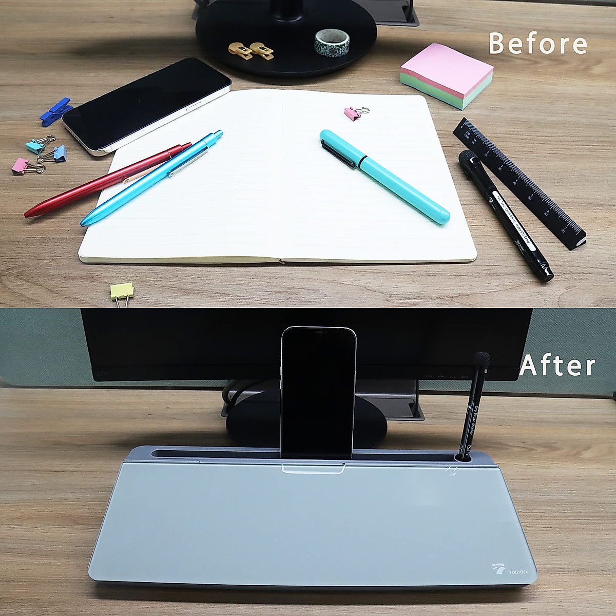 TOWON Small Tilted Desktop Glass Whiteboard, Notepad Computer Keyboard Stand with Dry Erase Board Surface, Desk Organizers with Accessories for Office, Home, School Supplies, Gray, 18 x 6 Inches