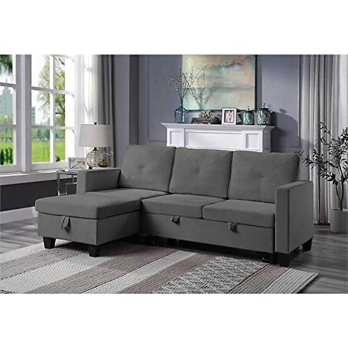 BOWERY HILL Dark Gray Velvet Reversible Sleeper Sectional with Storage Chaise