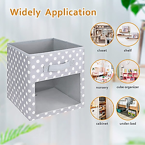 Utureal 11 Inch Fabric Cube Storage Bins with Clear Window, Collapsible Closet Shelves Storage Boxes with Handle, Kids Nursery Room Bedroom Home Basket, Toys Clothes Organizer Bin | Grey, Polka Dots