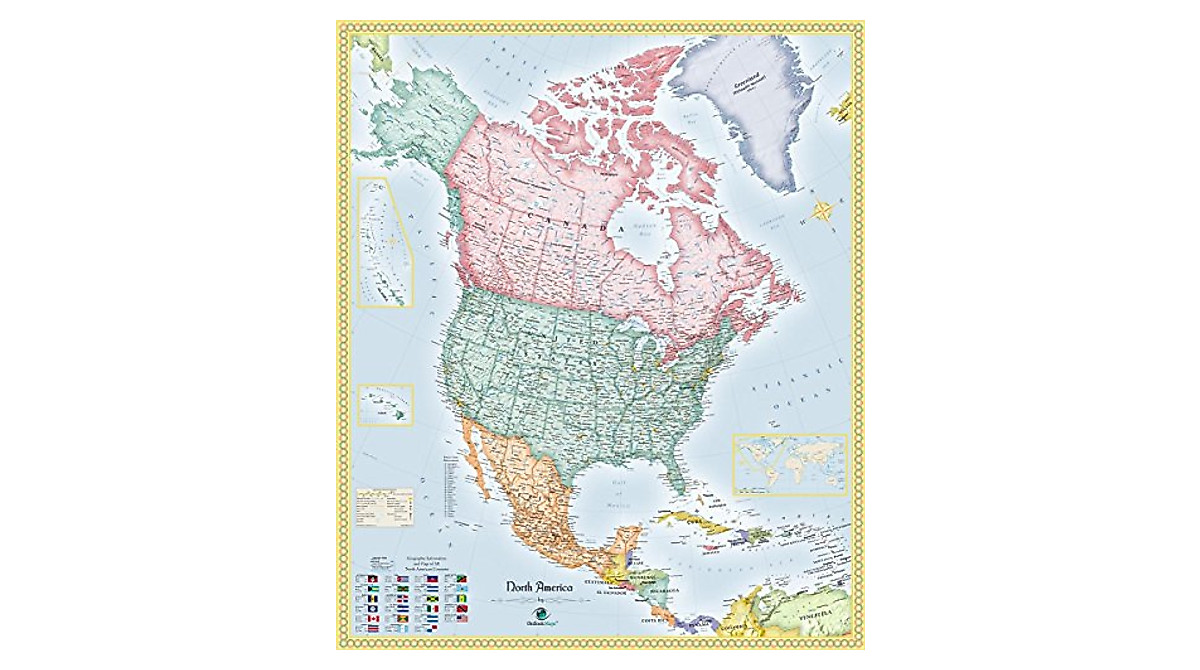 North America Political Wall Map Poster - 24x28 Laminated