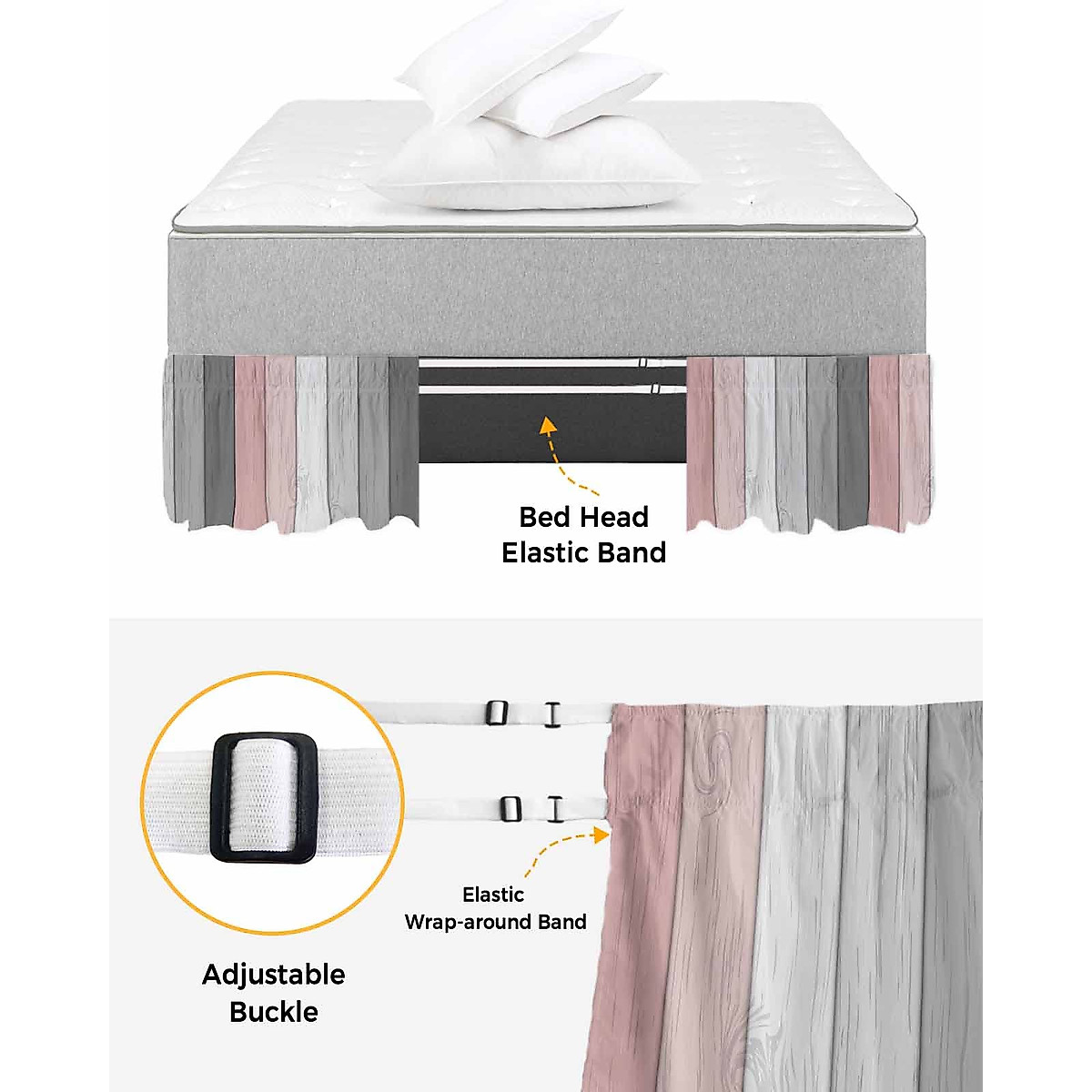 Rustic Farm Wood Grain Bed Skirt King Size 16 Inch Drop, Adjustable & Elastic Wrap Around Bed Skirts Pleated Luxury Dust Ruffles for Twin Full Queen Cal King Base Bed, Pink Grey White Ombre Color