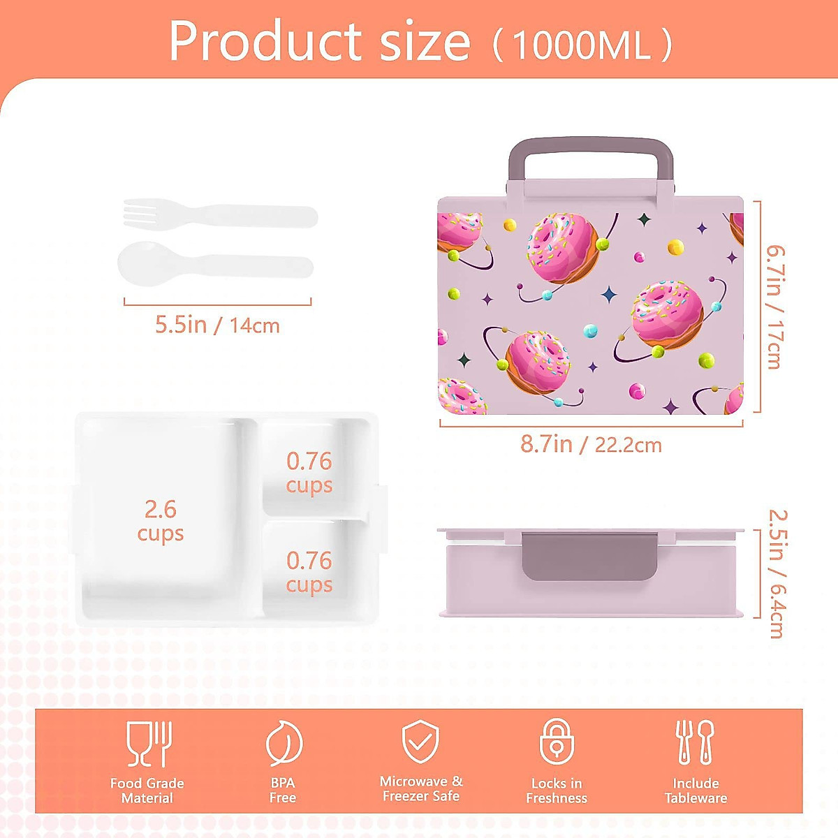 BOENLE Cosmic Planet Donuts Bento Lunch Box for Kids Bento Box with 3 Compartment,Lunch Containers Built-In Reusable Fork & BPA-Free Leakproof,Pink