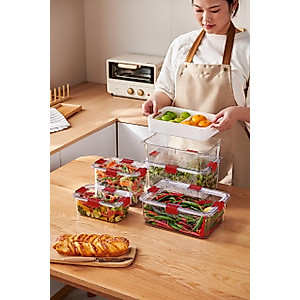 MSM Products Crystal Clear Transparent Food Storage Containers, BPA-Free, Glass Clear Plastic, 12 pieces set (6 lids and 6 containers). Total set capacity 10 LITERS. RED color 4 sides clip lock.