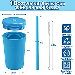 Reusable 10oz Wheat Straw Cups, Durable Water Cups With Lids and Straws for Kids, Chip Resistant Tumbler and Unbreakable Kitchen Drinking Cups, BPA free, Microwave & Dishwasher Safe