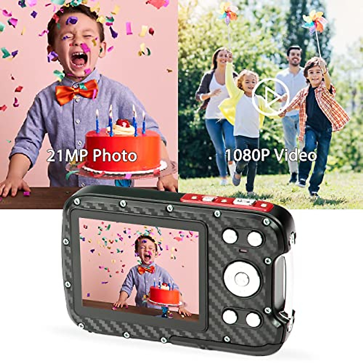 Waterproof Camera Underwater Camera for Snorkeling, Vmotal Full HD 1080P 21MP Kids Camera Rechargeable Digital Point and Shoot Cameras Vlogging Camera with 2.8 Inch Screen 8X Digital Zoom (Red)