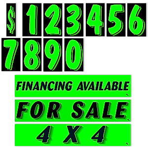 VERSA-TAGS 7.5" Black/Green Vinyl Number Decals 11 Dozen Set Windshield Pricing & 1 Pack of Each of Financing Available, for Sale, 4X4 14.5" x 2.75" Sticker Windshield Decal Auto Dealership