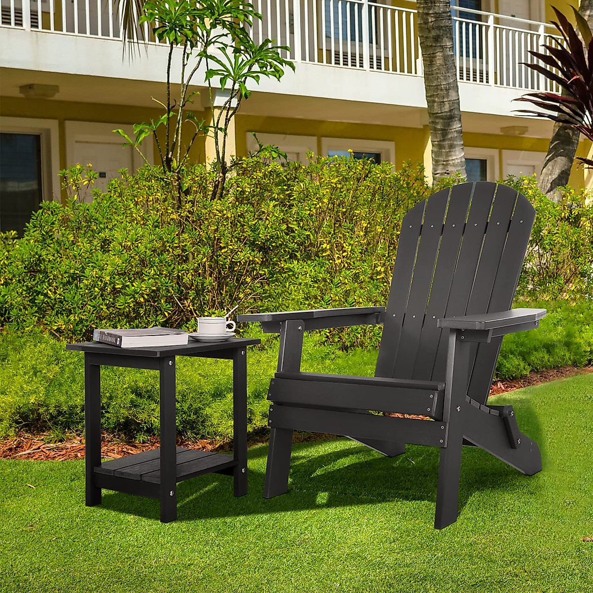 Meluvici Double Adirondack Side Table Weather Resistant, Outdoor Rectangular End Table for Adirondack Chair, Black with Wood Grain