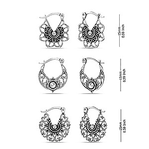 LeCalla 925 Sterling Silver Hoop Earrings Set of 3 Pair Hypoallergenic Antique Small Filigree Hoop Earrings for Women Teen and Men 15MM