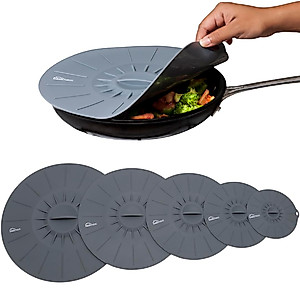 Basic Haus Microwave Cover Silicone Lids - Set of 5: 6, 8, 10, 12 and 14 inches - Suction Covers for Pots, Pans, Bowls, Cups, Skillets - Splatter Protection - Easy Food Storage - BPA Free - Oven Safe