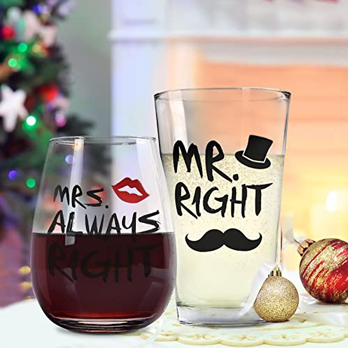 Mr. Right and Mrs. Always Right Stemless Wine Glass and Beer Glass, Funny Couple Set for Her Him Newlywed Couples - Ideal for Wedding Anniversary Valentine's Day Birthday Christmas, 12Oz