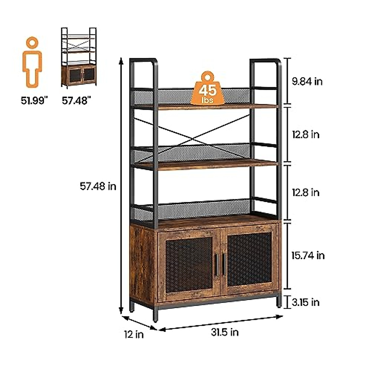 IDEALHOUSE Bookshelf with Doors Industrial Bookcase with 3 Tiers Open Storage Shelves Rustic Bookshelves Tall Display Rack Cabinet Farmhouse Bookshelf for Bedroom, Living Room, Home Office, Brown