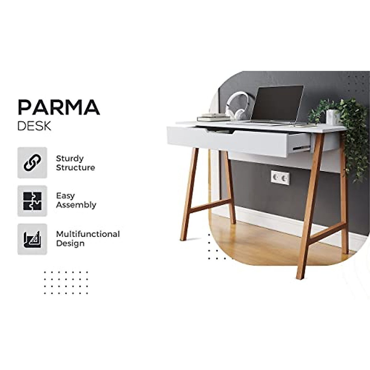 Parma 42 Inch Modern Desk - Home & Office Small Computer Desk with Wide Drawer - Wooden Study Writing Minimalist Desk with Storage for Small Space, Bedroom & Workstations - Student Desk/Table (White)