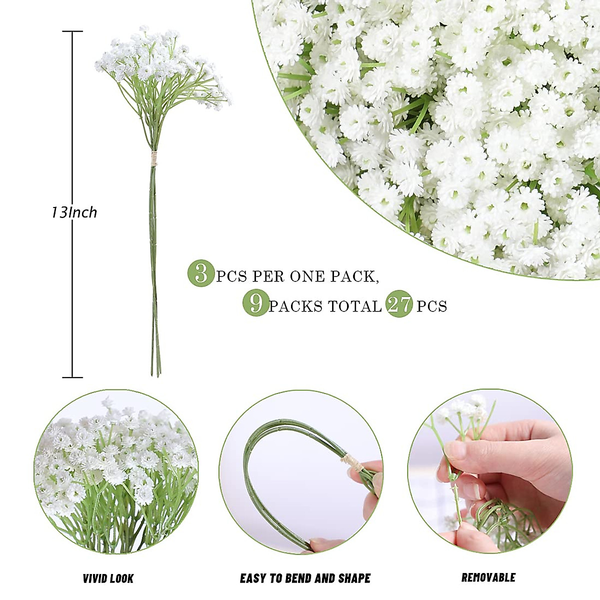 Spirit Up Art Baby Breath Flowers 13" Artificial Bulk White 27Pcs Long Stems for Wreath Wedding DIY Home Garden Party Table Decoration (9 Bunches)